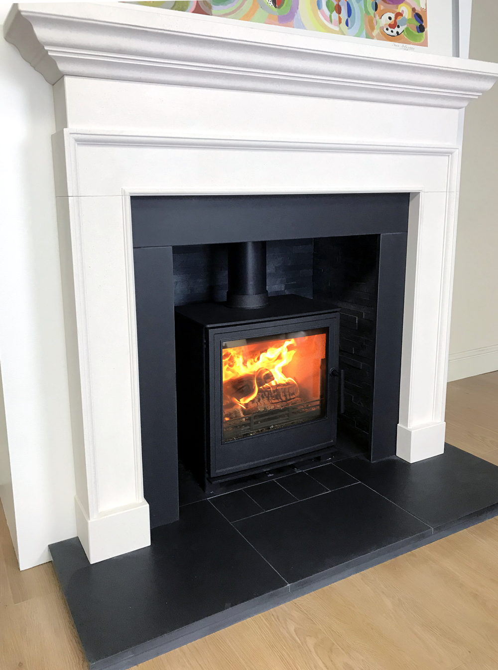 Deben M in fireplace angled with flames 4 - Chorley Fire Centre